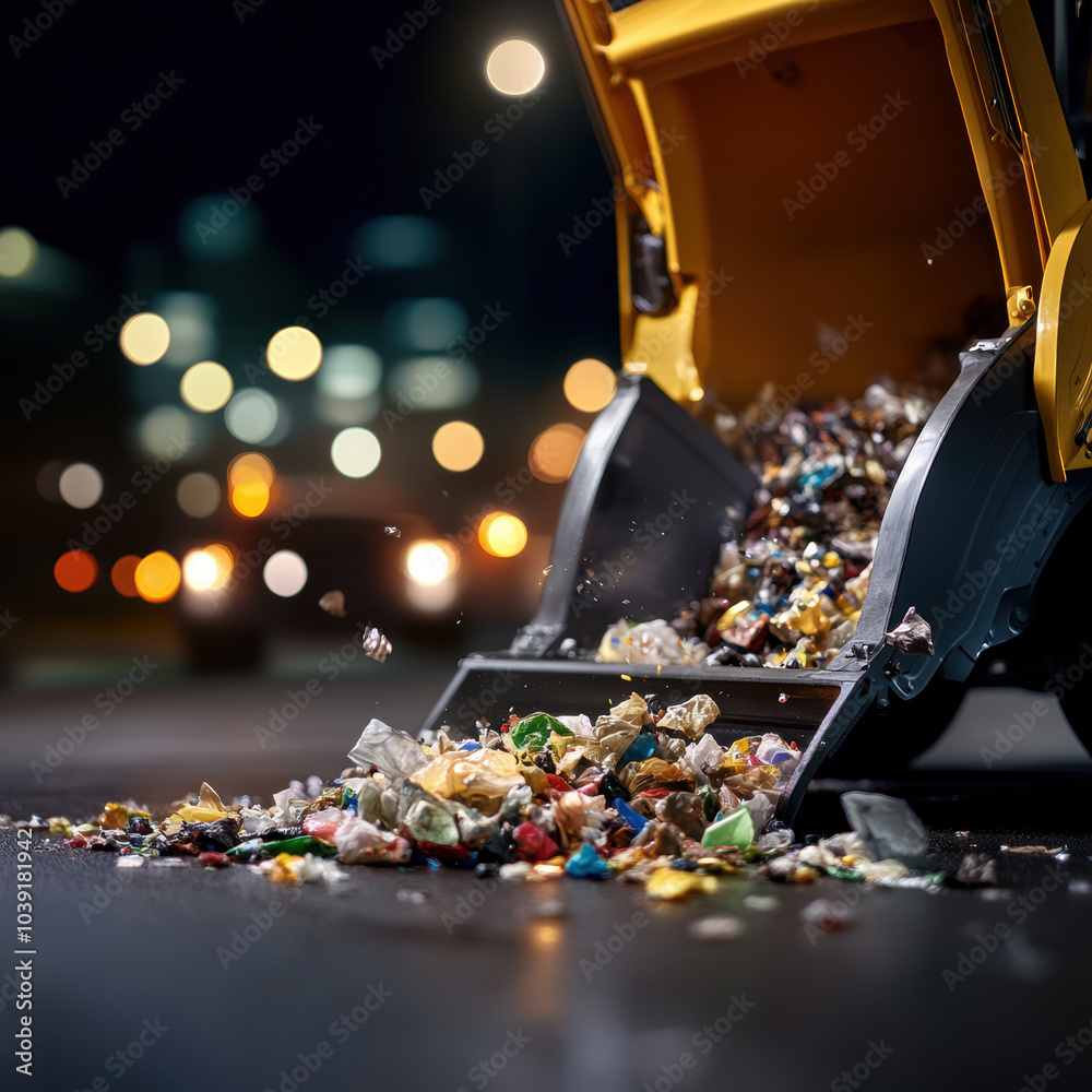 Close up of waste management truck compacting trash at night ...