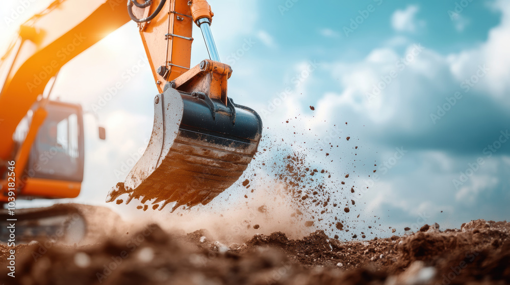 Excavator digging into ground at construction site, showcasing heavy ...