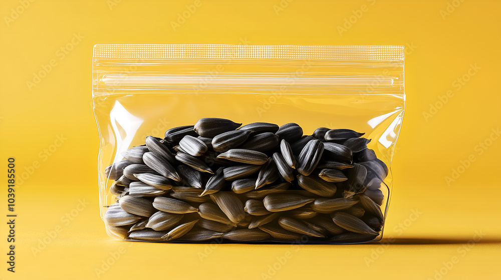 Product photography of sunflower seeds in a transparent zip-lock bag on ...
