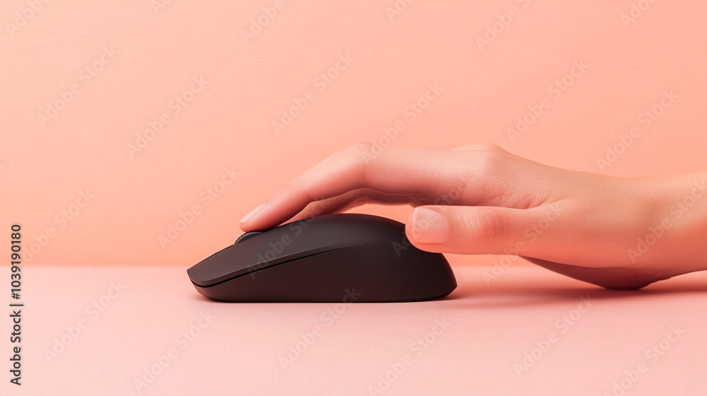 A minimalist scene shows a hand using a black computer mouse with a ...
