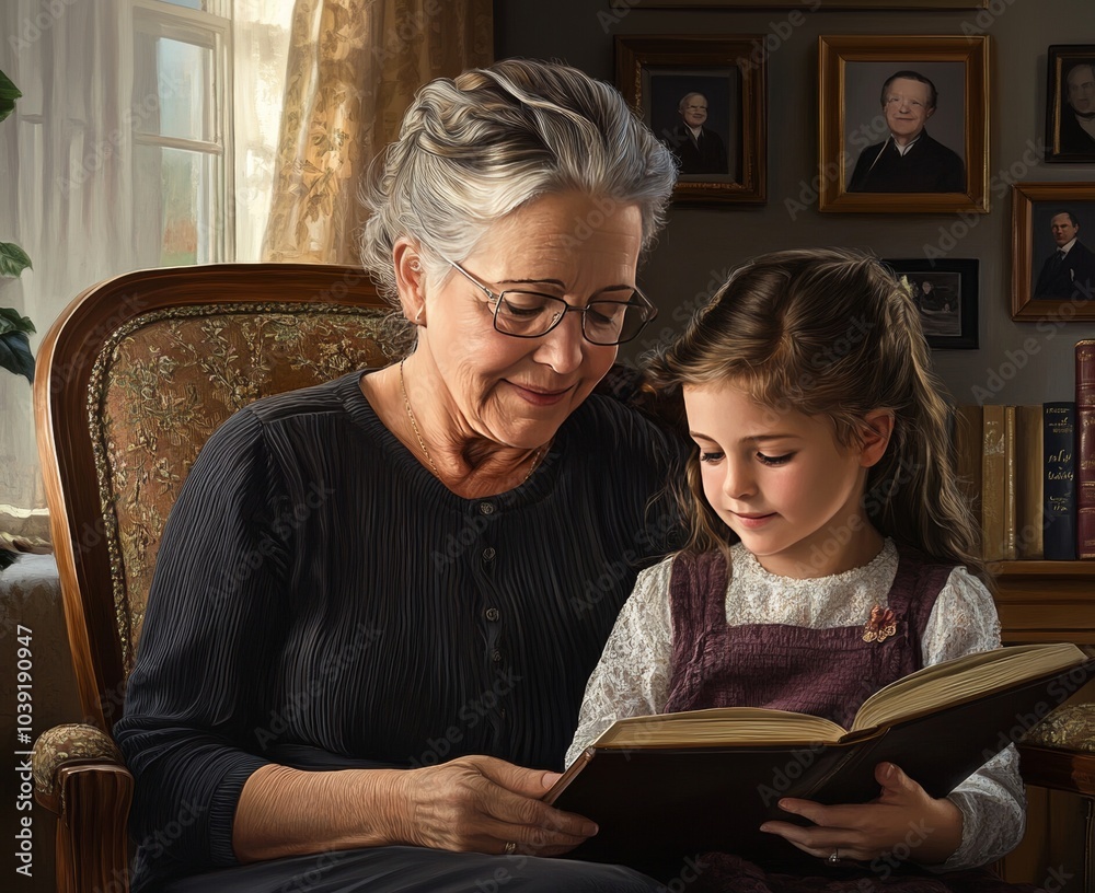 A painting depicting a heartwarming scene of a grandmother and her ...