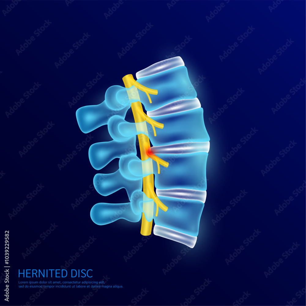 Herniated disc that make back and neck pain. Spinal nerve cord yellow ...
