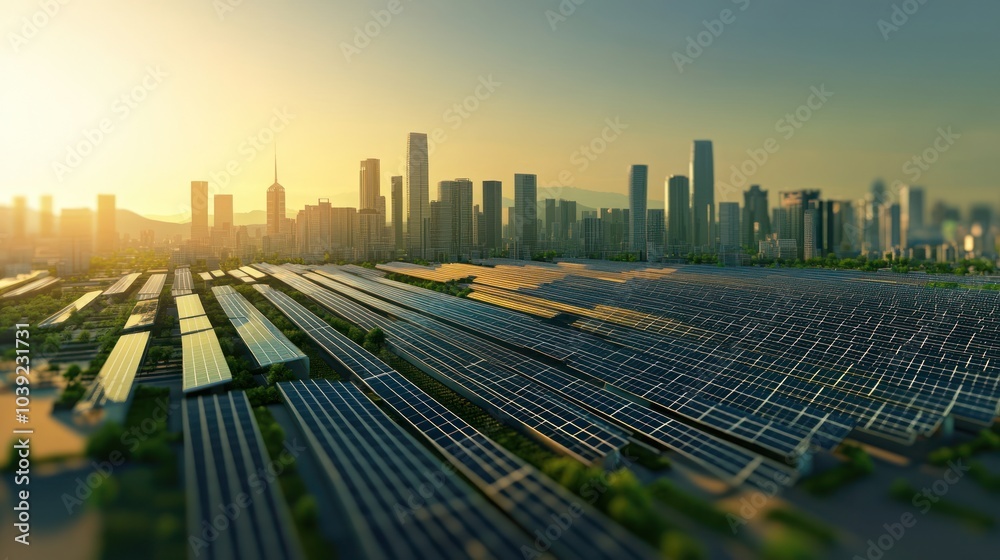 A large urban solar farm providing clean energy to a city community ...
