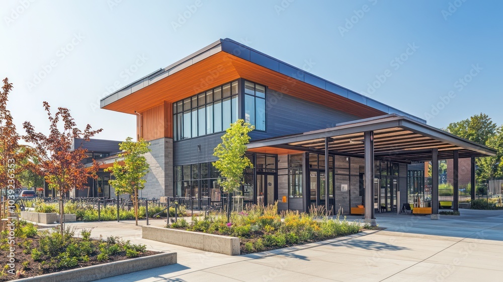 A modern community center in an urban area, built with inclusive design ...