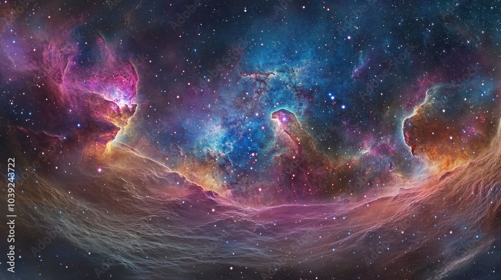 A 360-degree equirectangular space background featuring colorful ...