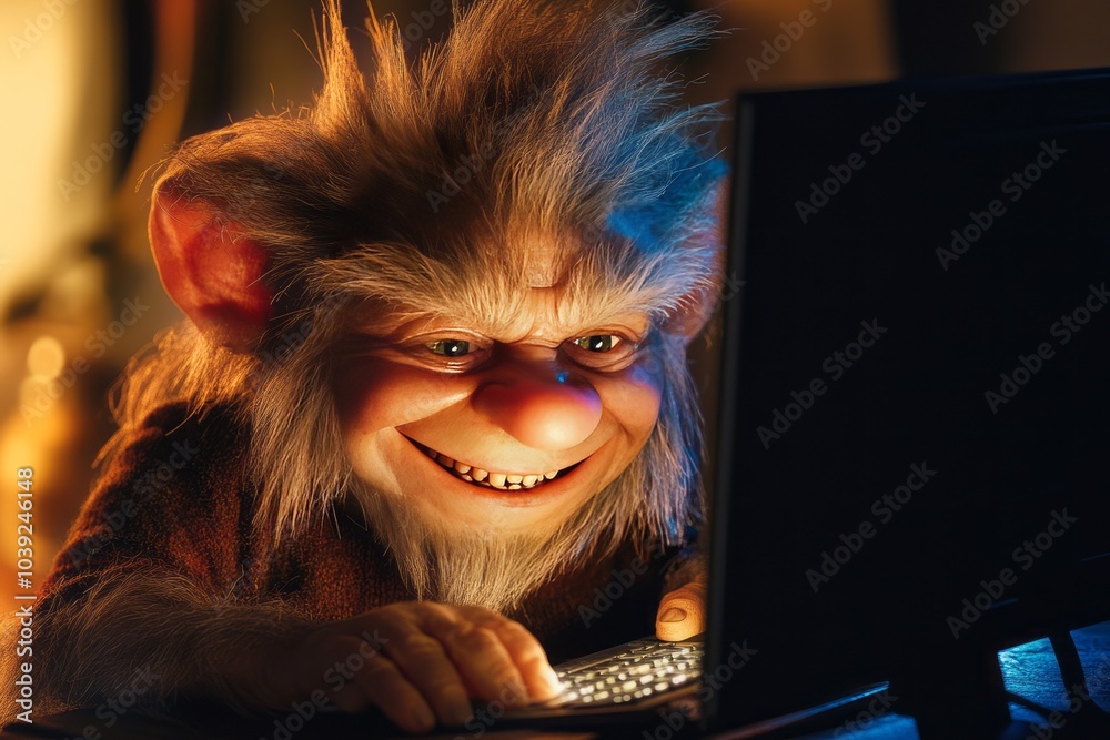 A smiling Troll smiling looking at his computer screen , illustrating ...