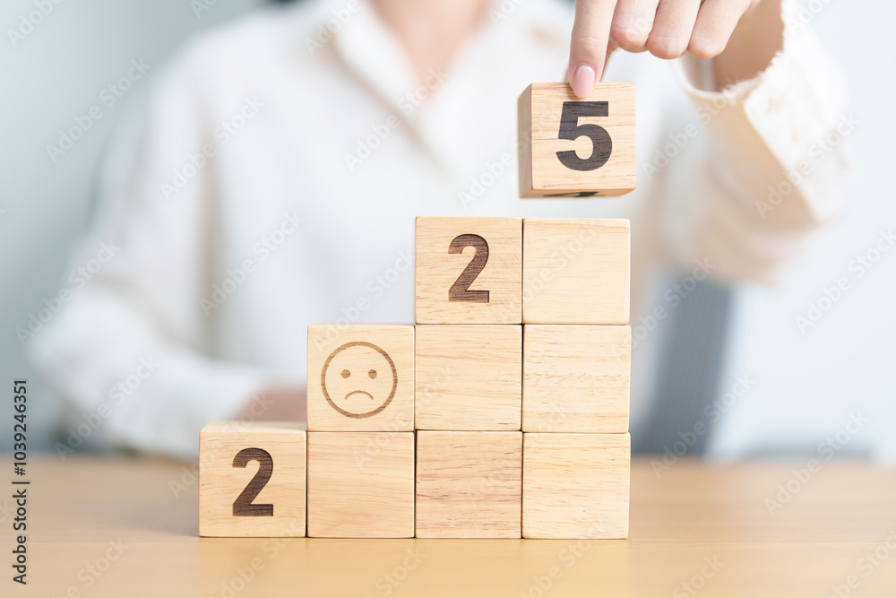 Happy New Year 2025 with Sad face block. Satisfaction, feedback, Review ...