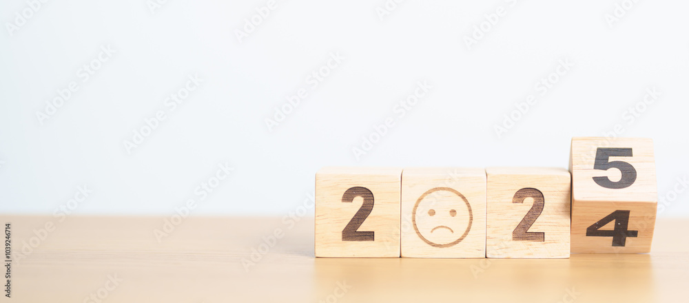 2024 end year to Happy New Year 2025 with Sad face block. Satisfaction ...