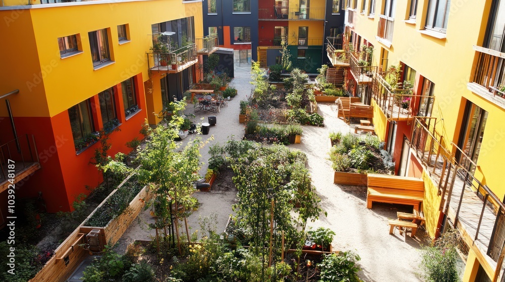 A vibrant co-housing project in an urban setting, featuring shared ...