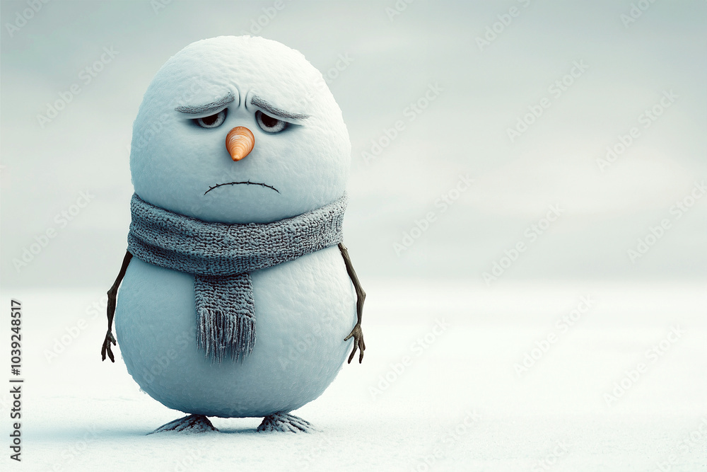 melting very sad expression snowman with a sagging scarf and half ...