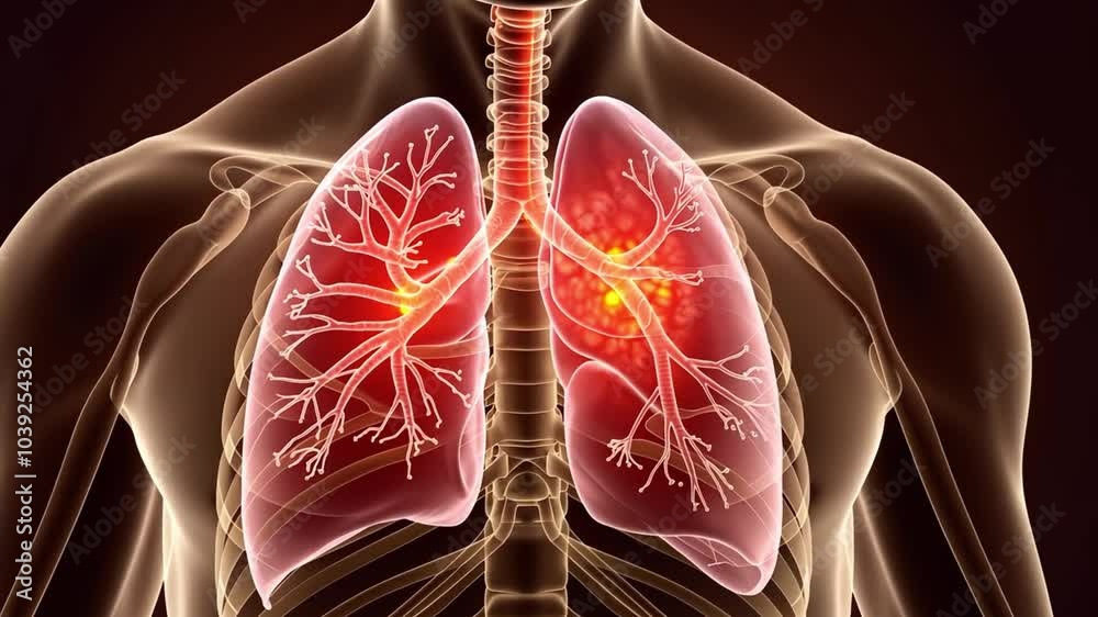 Illustration of pneumonia in the lung, showing infection. Designed for ...