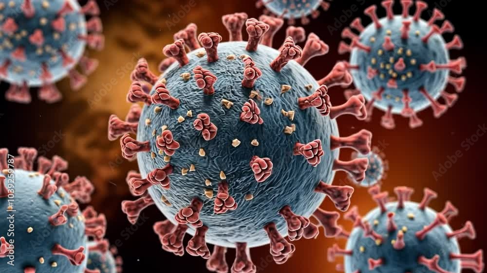 A close-up of a virus particle shows the spikes and surface proteins ...
