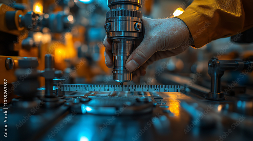 Close-up of a hand carefully positioning a drill against a ruler. The ...