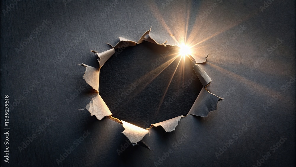 Sunlight breaks through a torn hole in black paper, creating a striking ...
