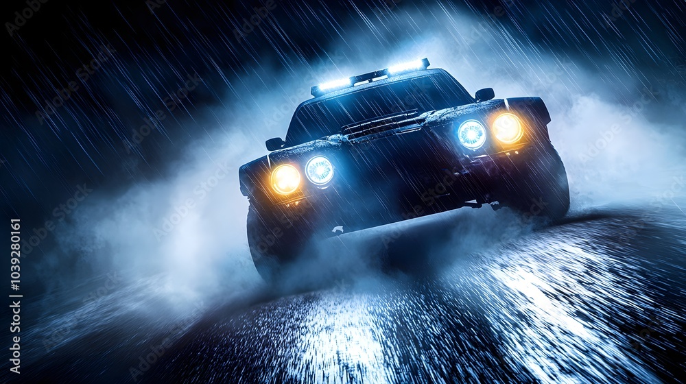 Nighttime police pursuit in dense fog, flashing lights illuminating the ...