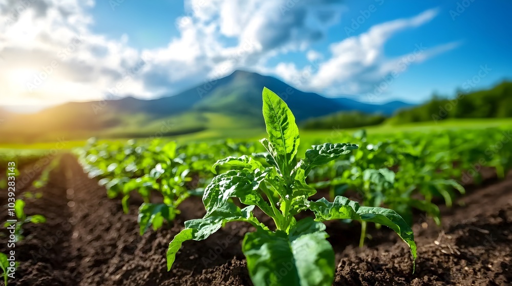 Rows of thriving crops being watered by an advanced irrigation system ...