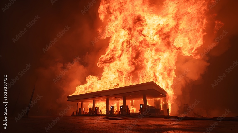Intense flames erupting from a gas station on the outskirts of town ...