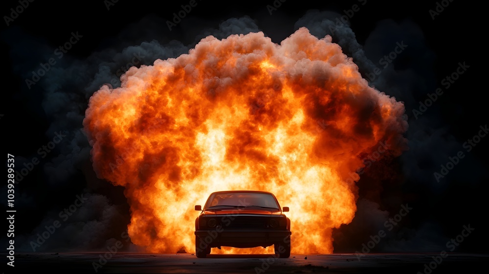 Dramatic and explosive fireball erupting from a crashed car with flames ...