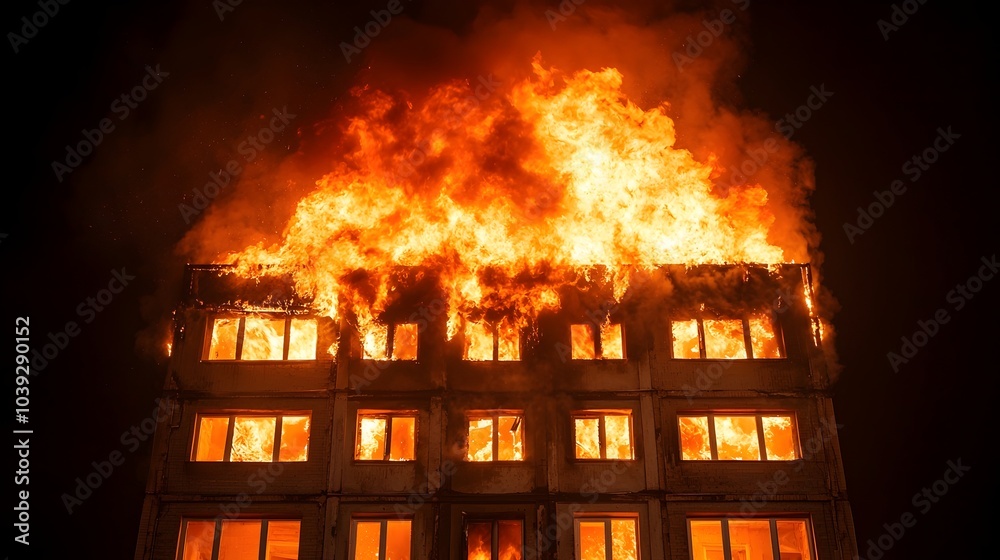 Intense flames and billowing smoke engulf an old neglected wooden ...