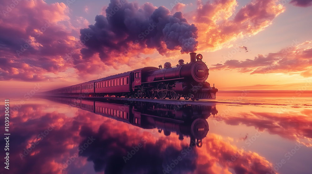 express with steam locomotive floating above mirror-like salt flats ...