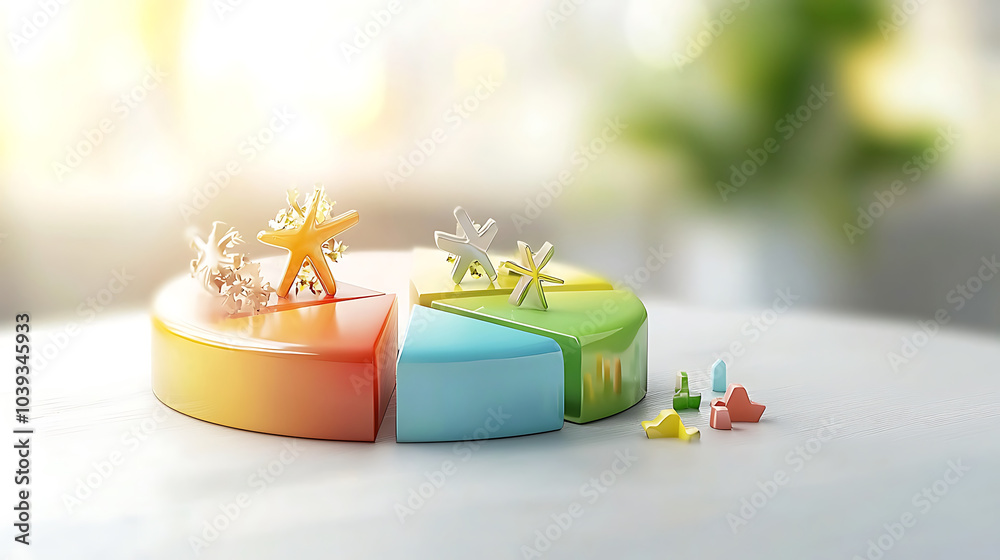 colorful pie chart with vibrant segments showcases data visualization, featuring playful star ...