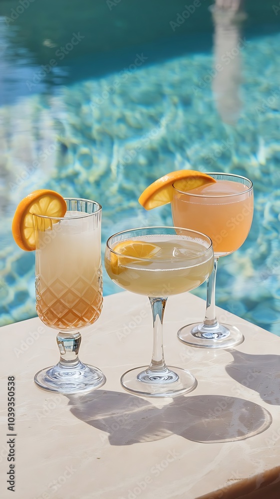 Luxurious Poolside Cocktails. Classic Drinks in Crystal Glasses with ...