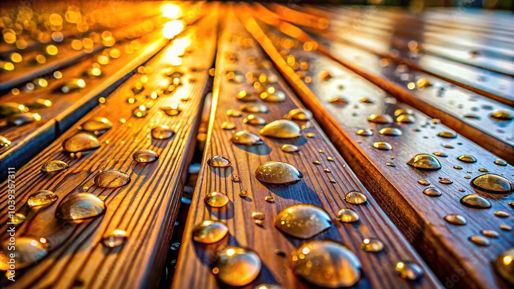 Rain transforms a deck into a canvas of glistening drops. Stock ...