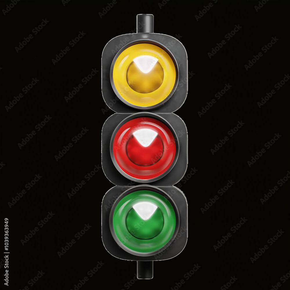 The image shows a 3D illustration of a traffic light with red, yellow ...