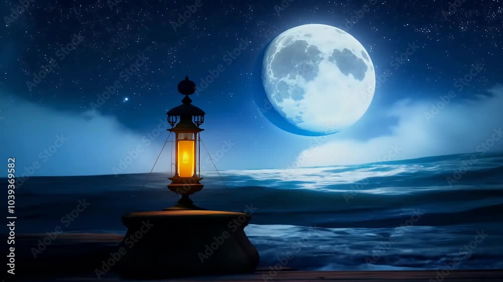 A beautiful lantern glows wooden boat floating ocean full moon captured ...