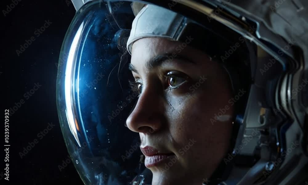 A female astronaut in a space suit looks out into the darkness of space ...