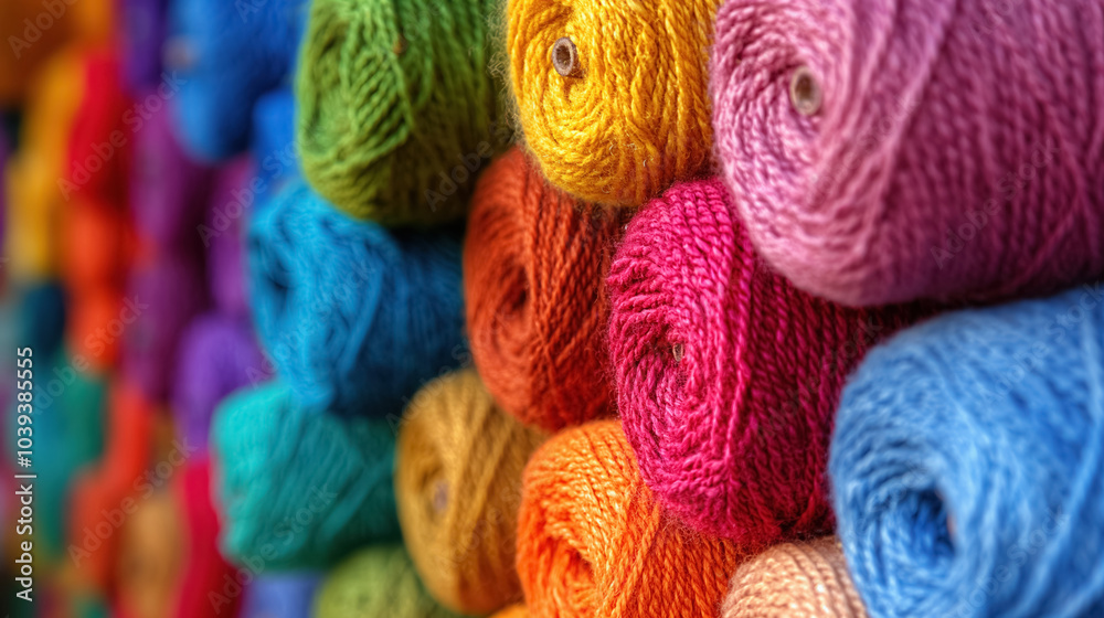 Vibrant yarn display: colorful rolls of wool for creative crafting and ...