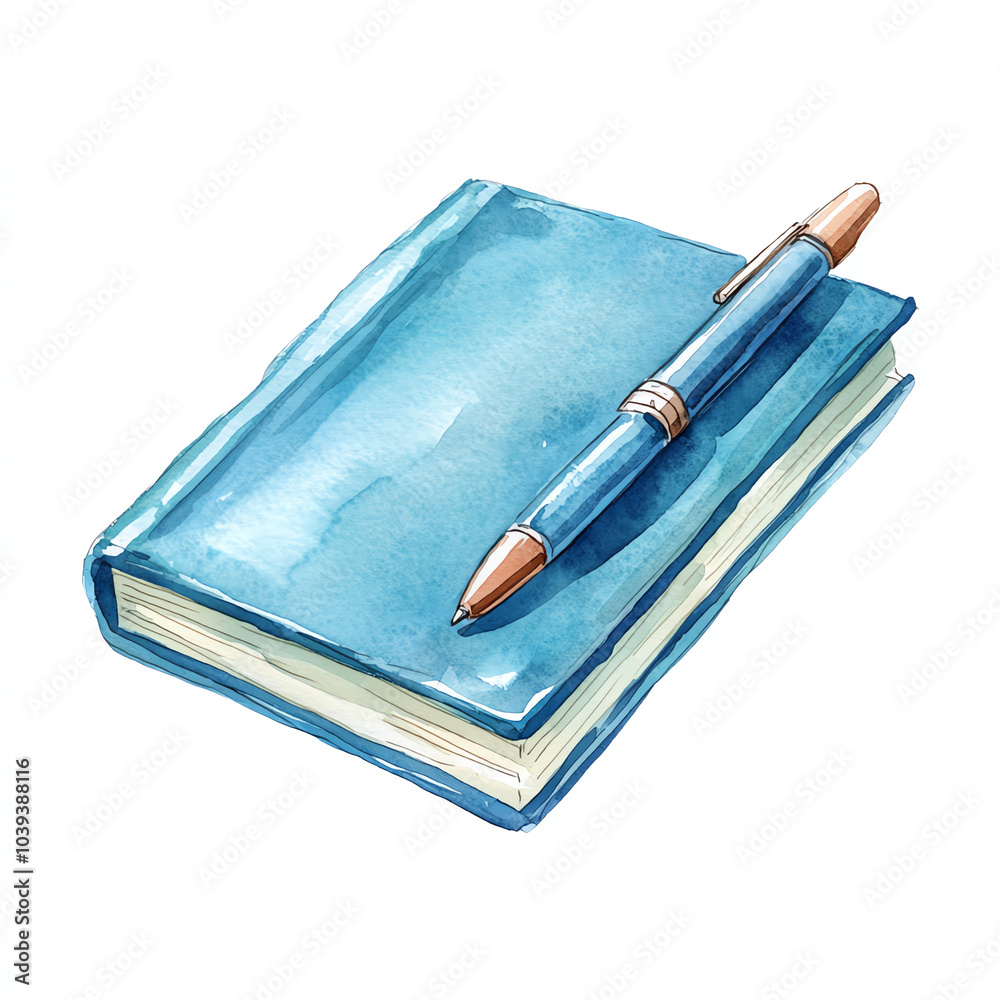 Watercolor clipart of a notebook and pen, isolated on white background ...