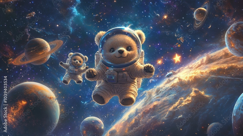 2408 3.A group of adorable bears wearing space helmets floating in ...