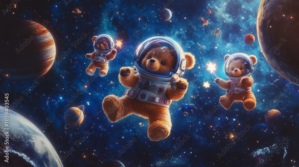 2408 3.A group of adorable bears wearing space helmets floating in ...