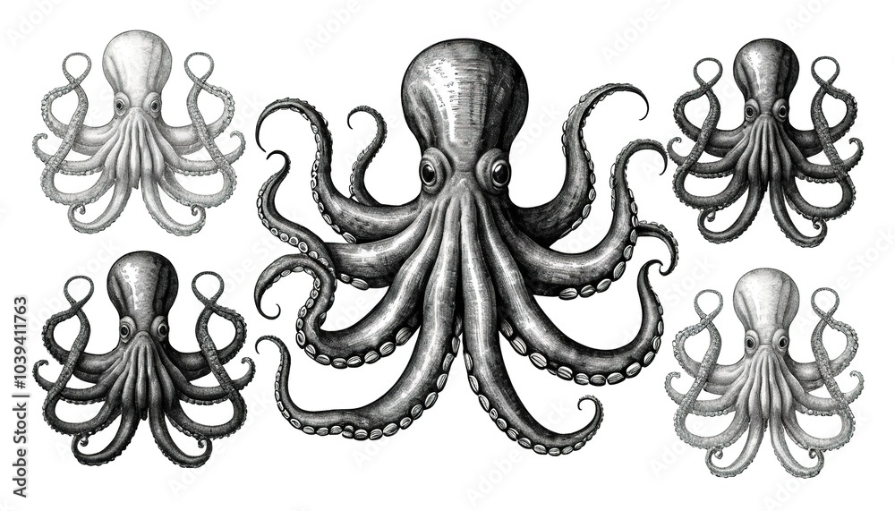 Octopus tentacle set sketch engraving PNG illustration. T-shirt apparel ...