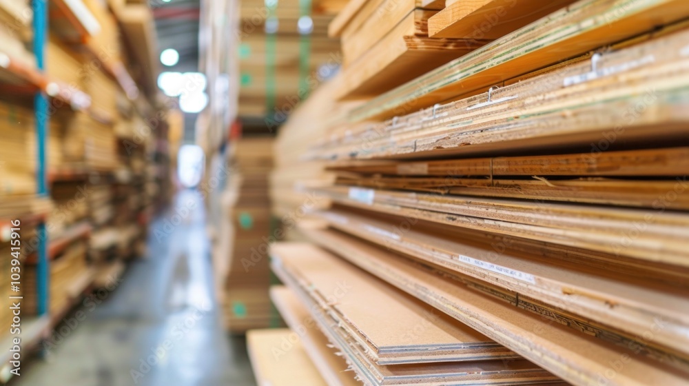 Stacked plywood sheets in a hardware store aisle with blurred ...