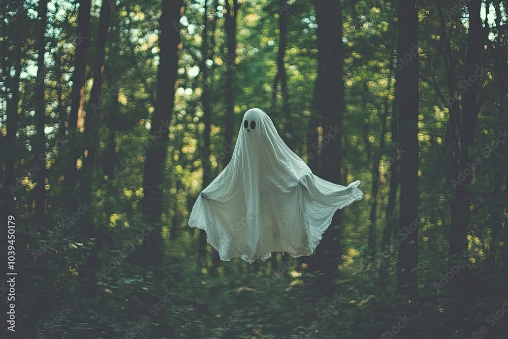 Ghost in a sheet floating in the air in the forest with Scary ...