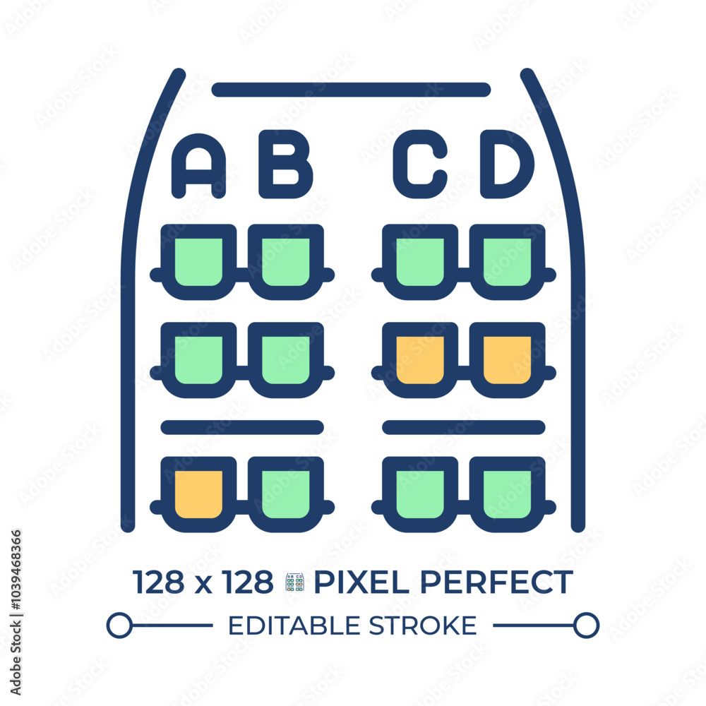 Airplane seat plan RGB color icon. Rows in cabin. Seat arrangements ...