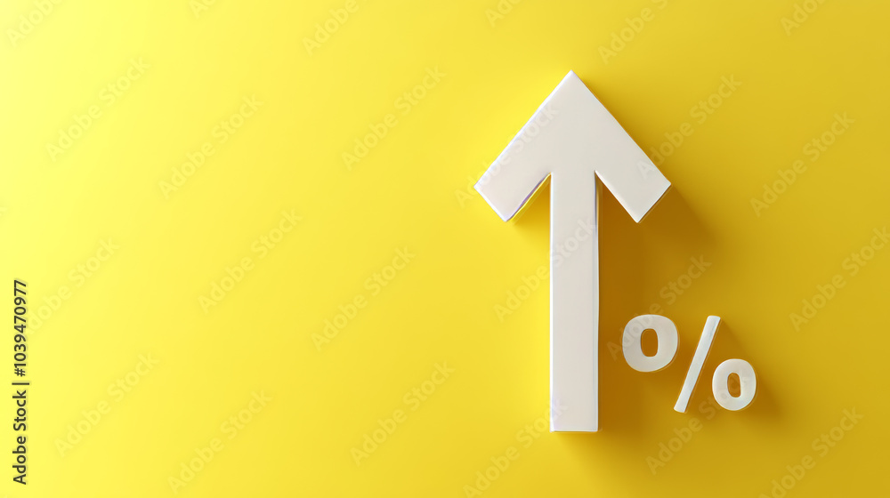 A white arrow pointing down, with a percent sign, is on a bright yellow ...