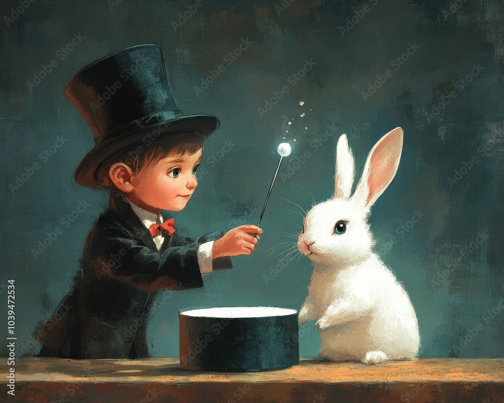 Child Magician Success: Top Hat, Magic Wand, and White Rabbit ...
