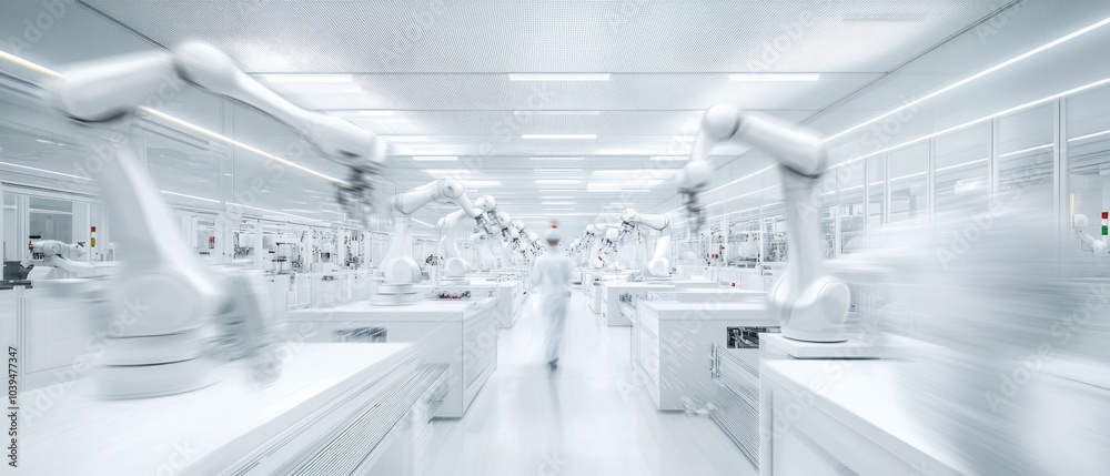Very realistic photo of a high-tech white factory interior with robotic ...