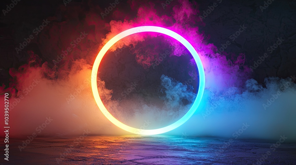 Abstract neon background. Glowing neon circle in dark room with smoke ...