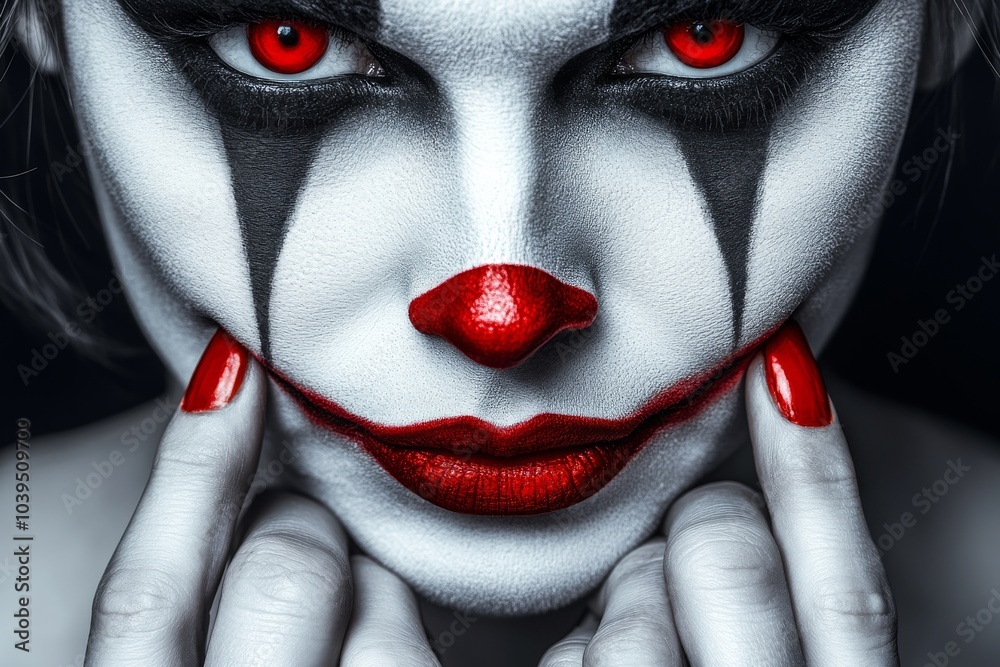 Creepy close up portrait of a woman in clown makeup with red eyes and ...