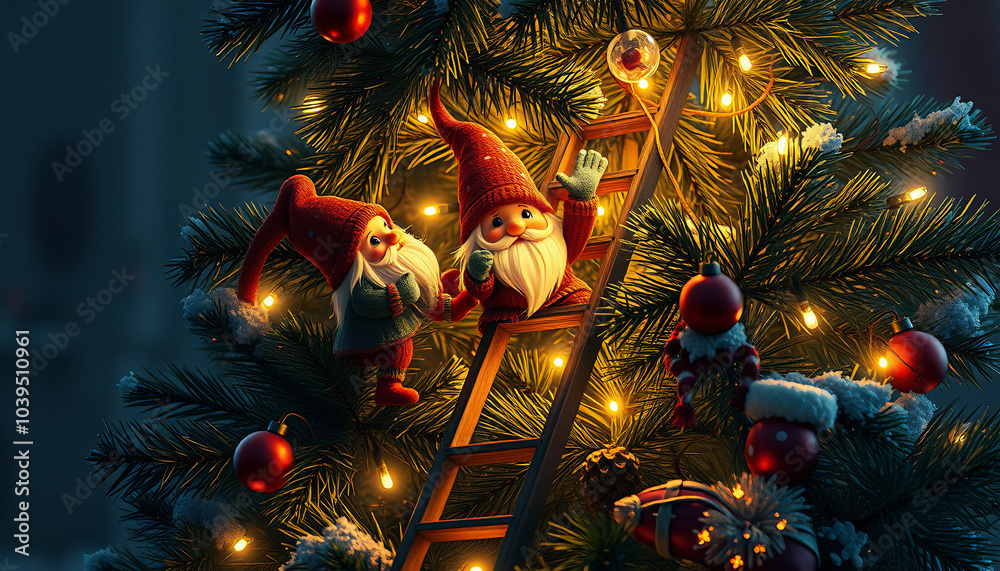 Christmas Elves Decorating Tree: Two cheerful elves, adorned in red ...