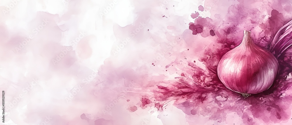 A painting of a red onion with a splash of pink paint. The painting has ...