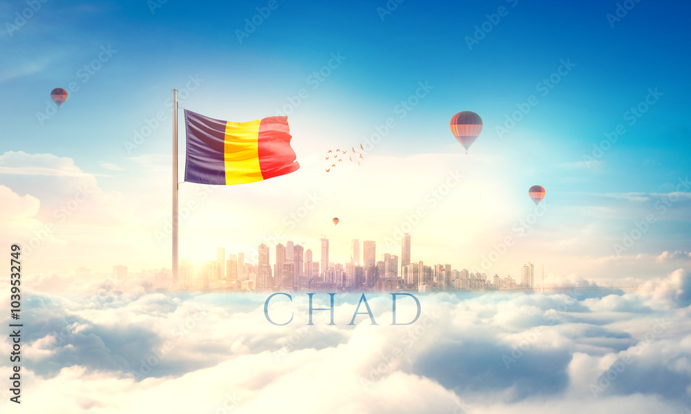 Chad national flag blowing in beautiful clouds with modern skyline ...