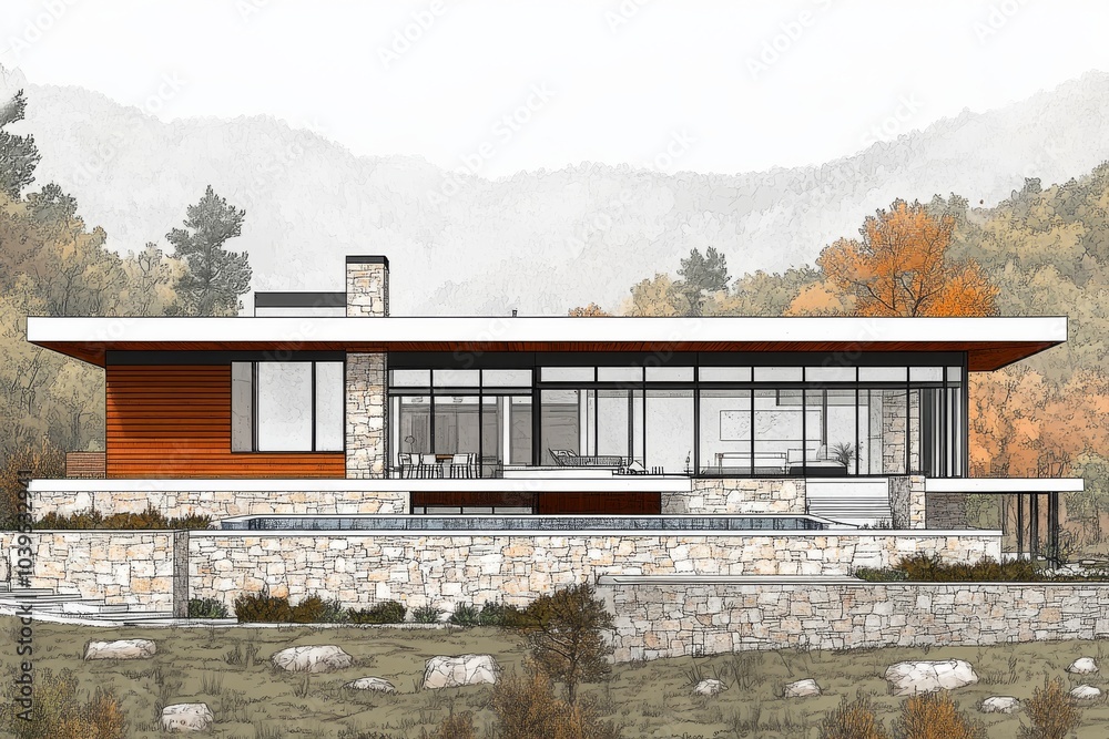 Modern single story house with large glass windows set in a natural ...