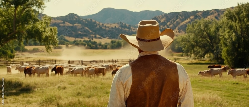 Rancher guiding cattle in a modern feedlot industrial machinery visible ...