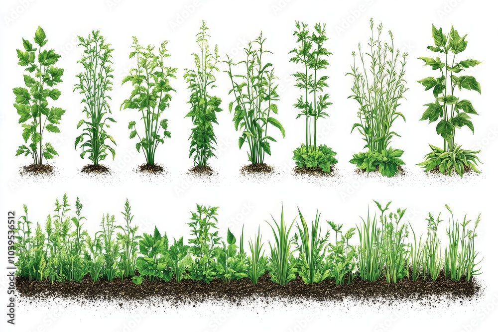 Detailed botanical drawing of various herbs and vegetables in rows ...