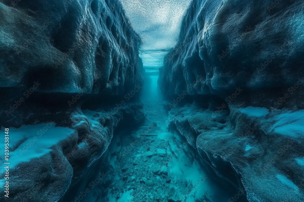 A deep mysterious underwater trench, where the sun pierces the murky ...
